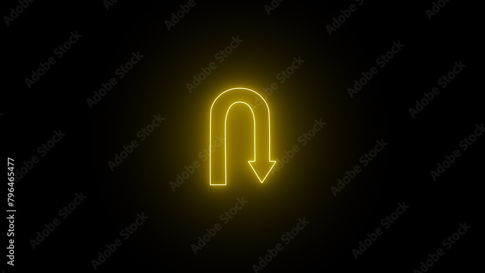 Neon glowing U turn road sign icon on the black background. U turn ...