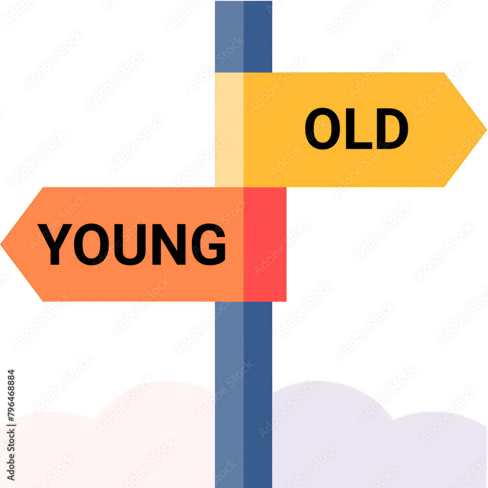 Young, Old - signpost with two arrows, isolated on transparent ...