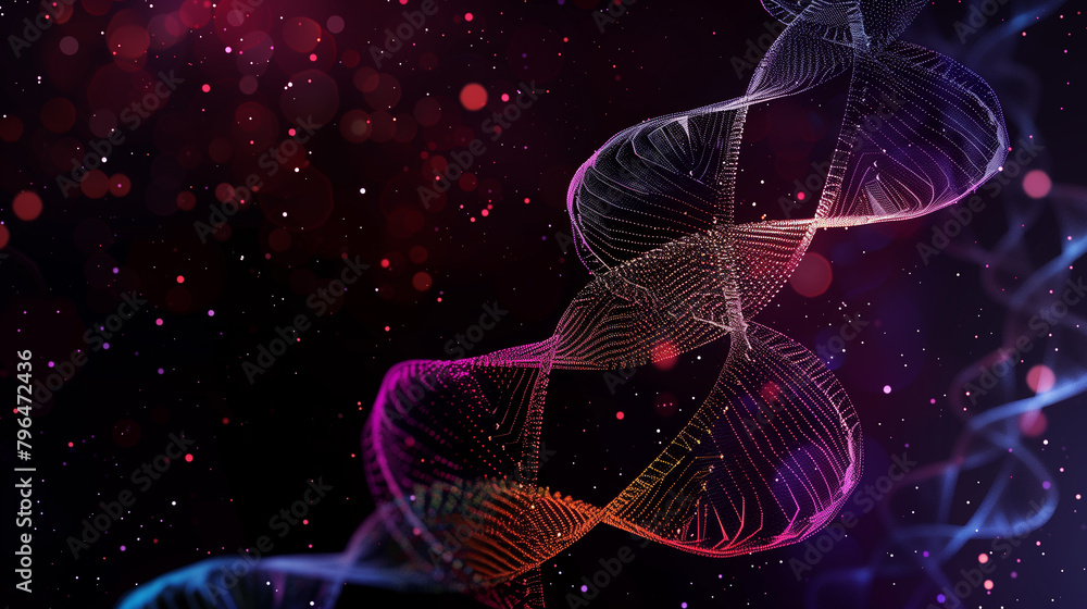 A colorful spiral of DNA is shown in a dark background. Concept of ...