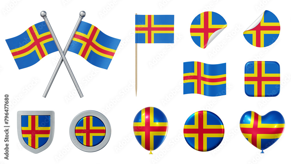 Set of objects with flag of the Aland Islands isolated on transparent ...
