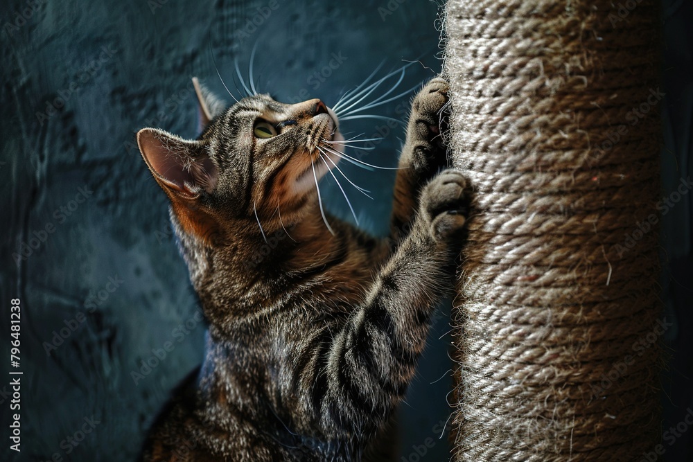 Vivid imagery of cats using scratching posts or various surfaces, a ...