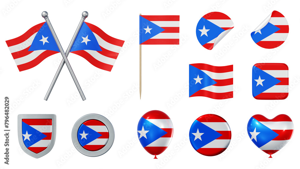 Set of objects with flag of Puerto Rico isolated on transparent ...
