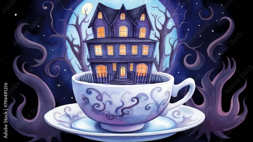 Haunted Mansion Teacup, Illustrate a teacup adorned with haunted ...