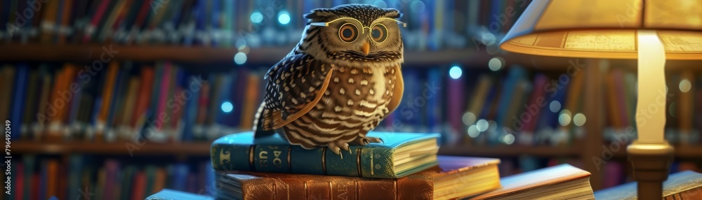 A curious cartoon owl perches on a stack of colorful books, wearing ...