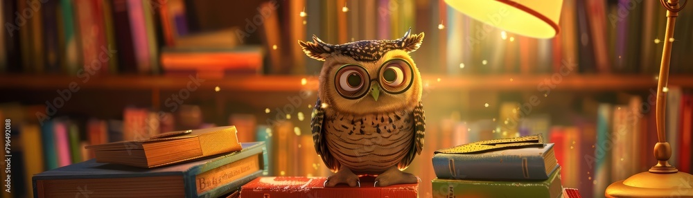 A curious cartoon owl perches on a stack of colorful books, wearing ...