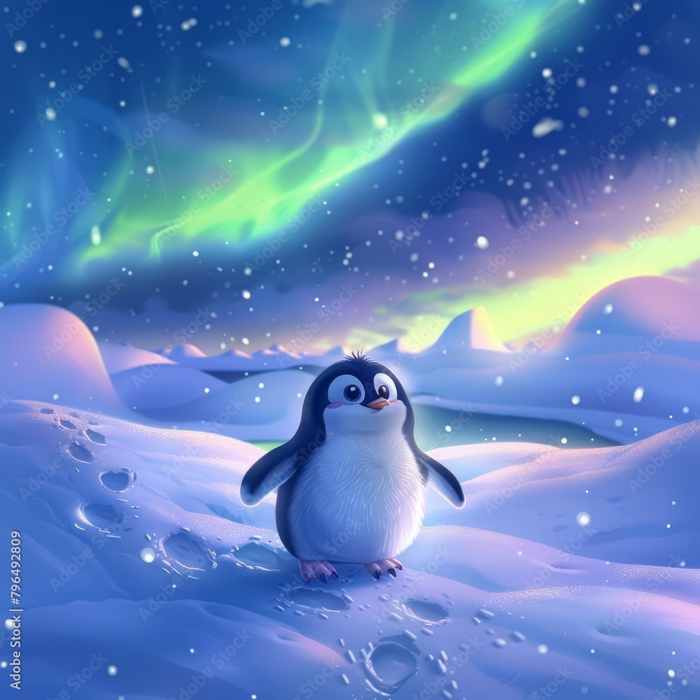 A pudgy penguin waddles across a snowy landscape, leaving a trail of ...