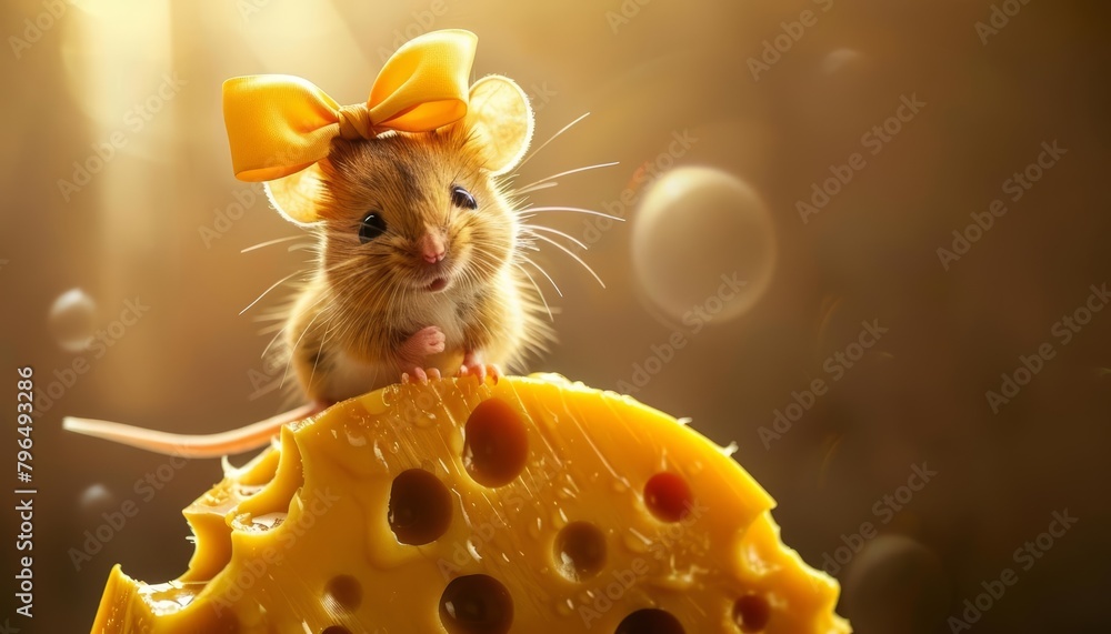 A tiny mouse with a large, charming bow atop its head sings ...