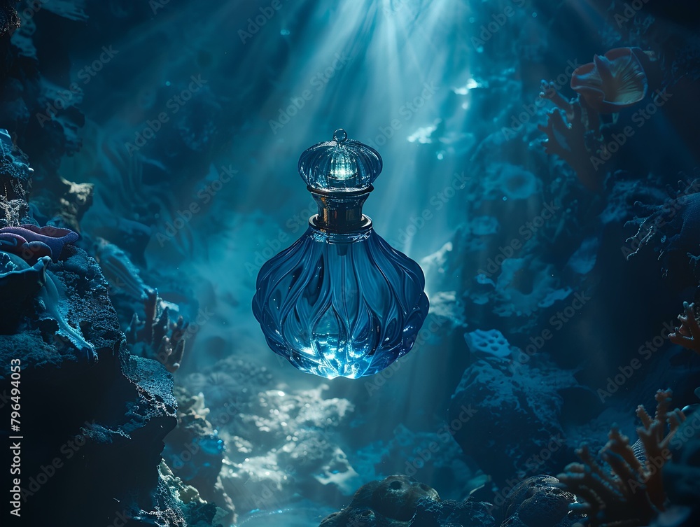 Close-up of a unique perfume bottle sitting on the surface of a deep ...