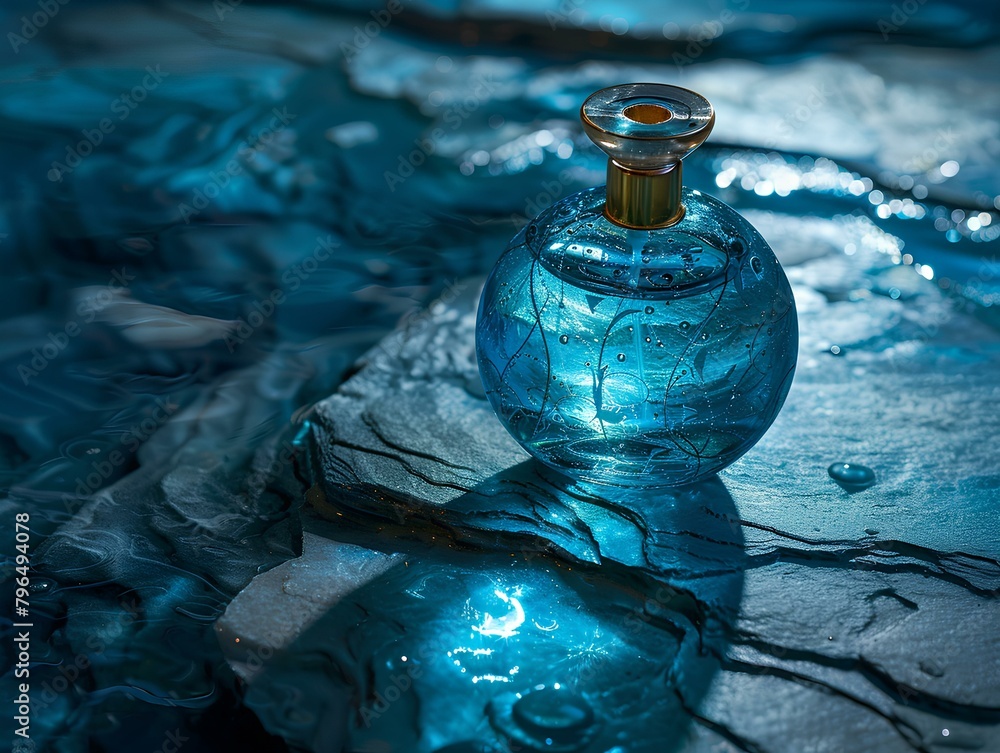 Close-up of a unique perfume bottle sitting on the surface of a deep ...
