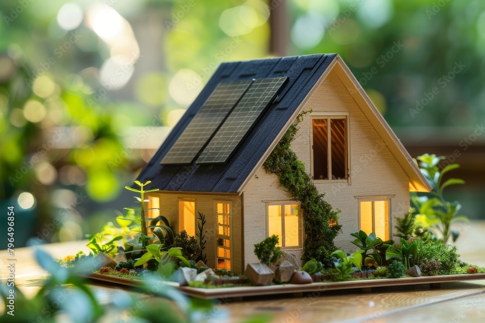 Energy efficient model house with solar panels and plants, sustainable ...