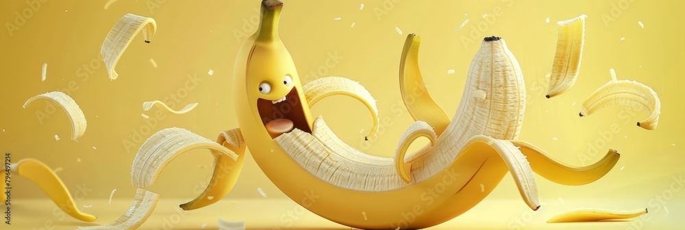 A bashful banana peels back its skin to reveal a bright, blushing face ...