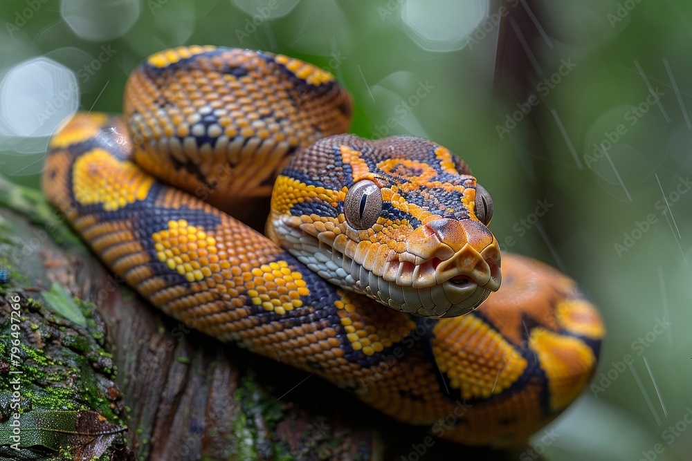 Reticulated Python: Coiled around a tree trunk, displaying its impressive size and pattern ...