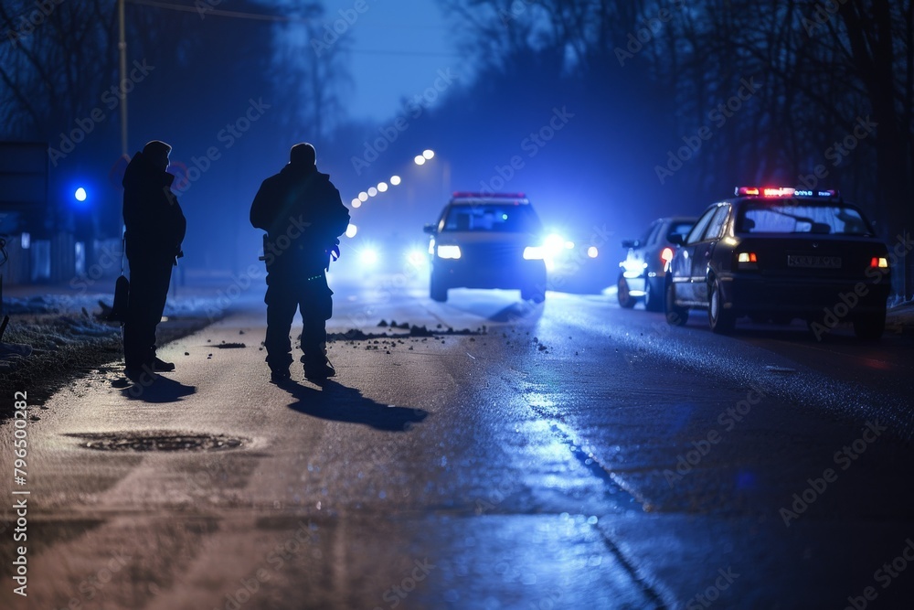 Foto de Two police officers inspect a situation on a misty road flanked ...