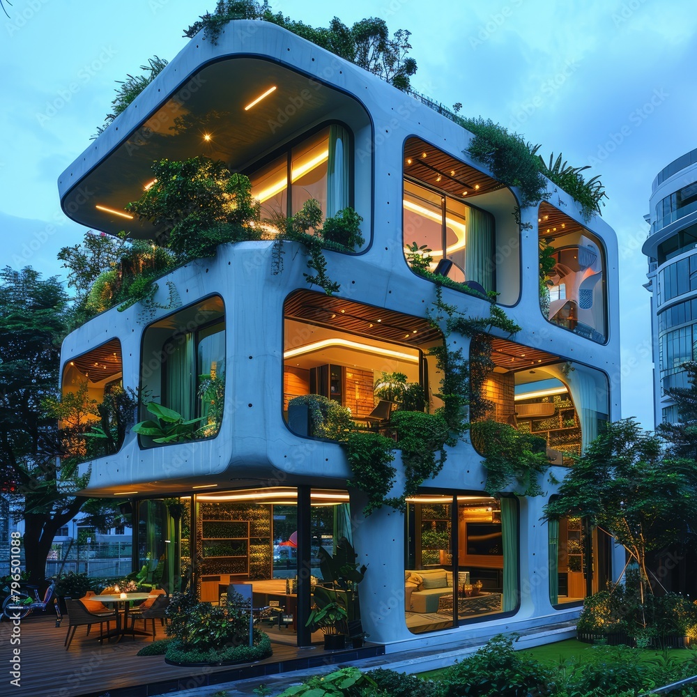 Green Building Integration: Showcase a white building integrated with ...