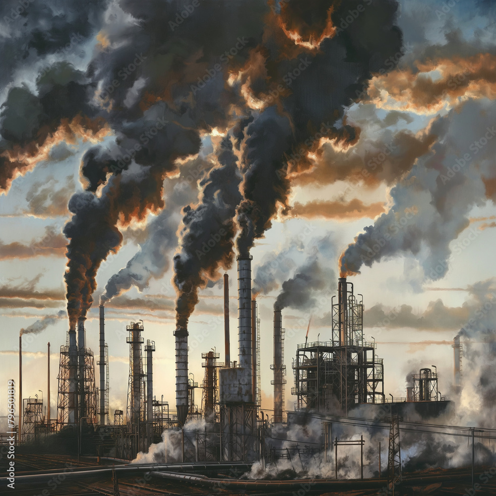 Fossil fuel pollution. Big polluting factory, oil, smoke, nature in ...