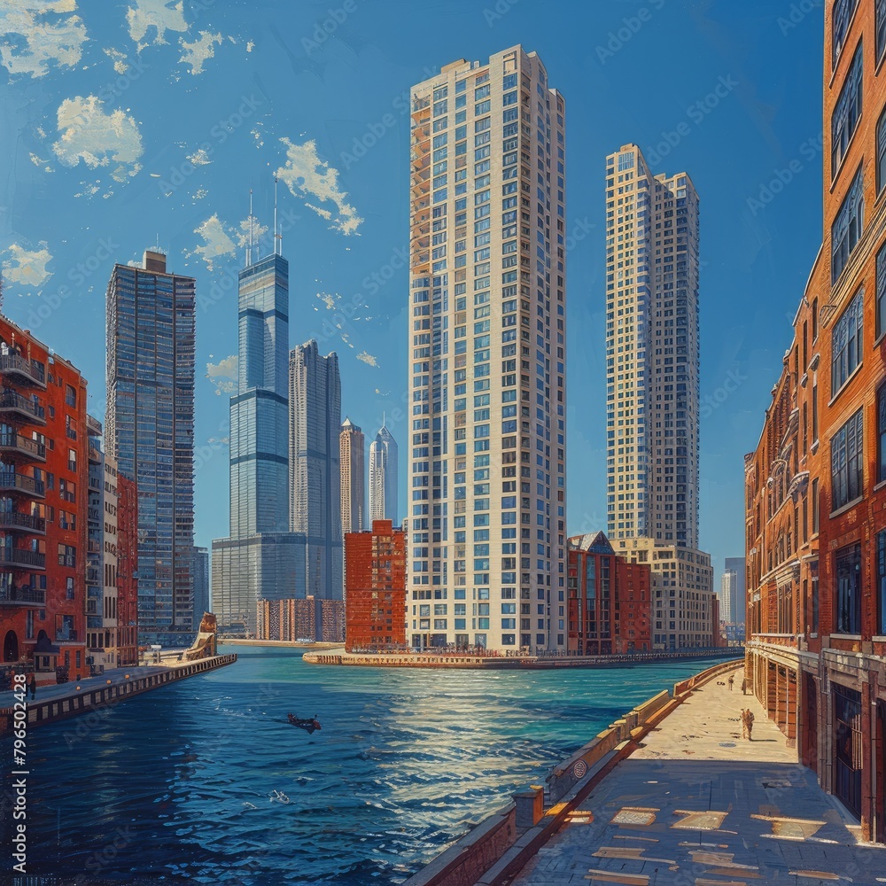 Urban Skyline: Show a section of an urban skyline dominated by a tall ...