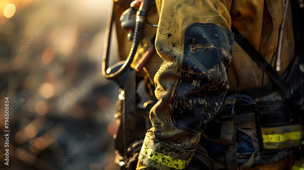 A close-up shot of a firefighter's soot-stained gear and tools ...