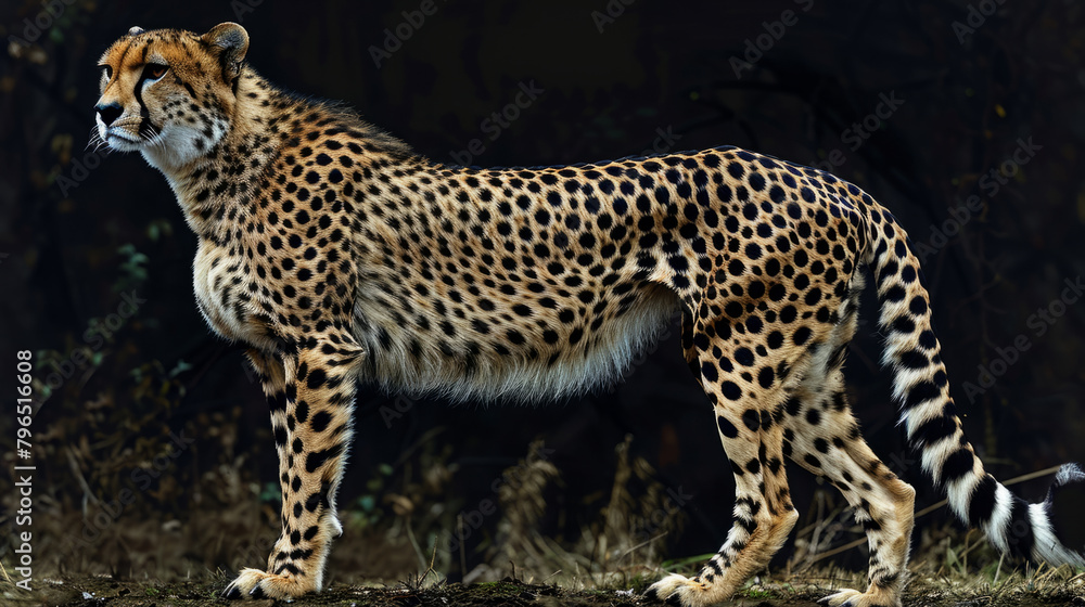 A stunning image of a cheetah showcasing its full body against a dark ...