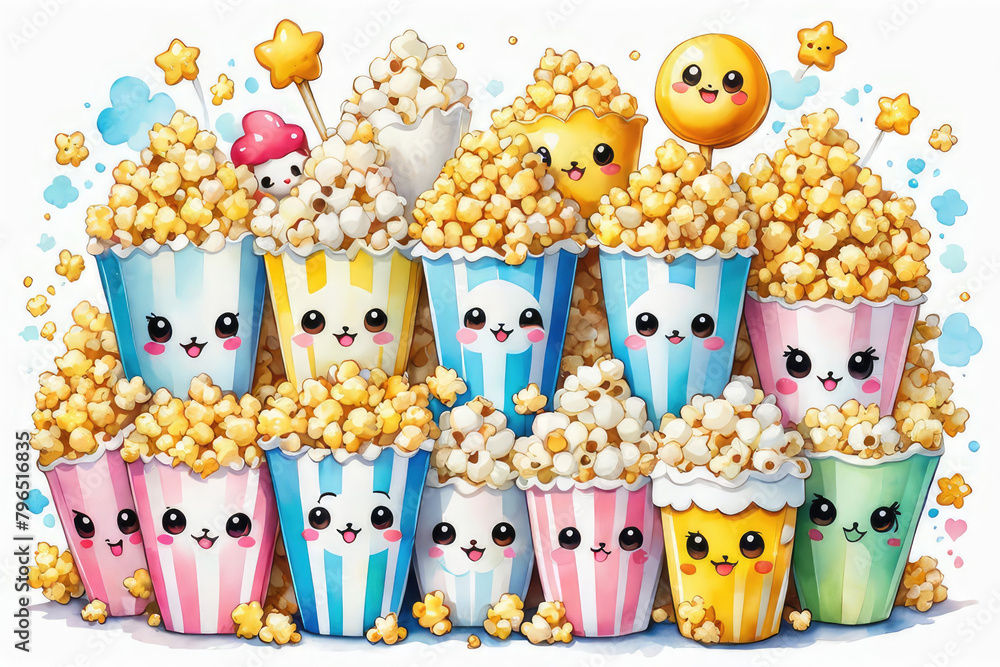 Cute and funny cartoon popcorn characters in basket. Stock Illustration ...