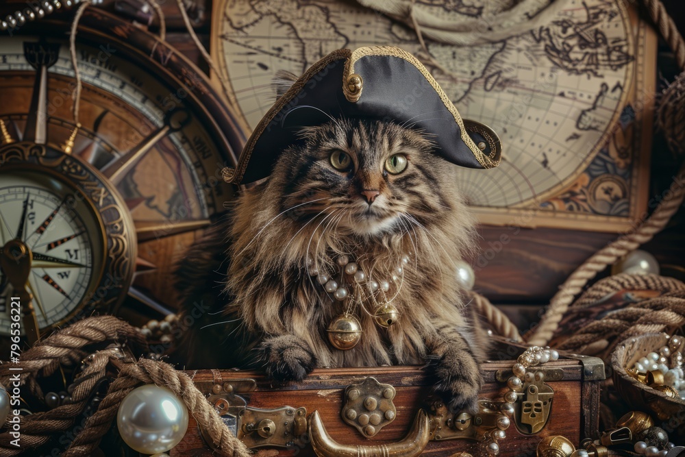 An adventurous, fluffy Maine Coon cat sporting a swashbuckling pirate ...