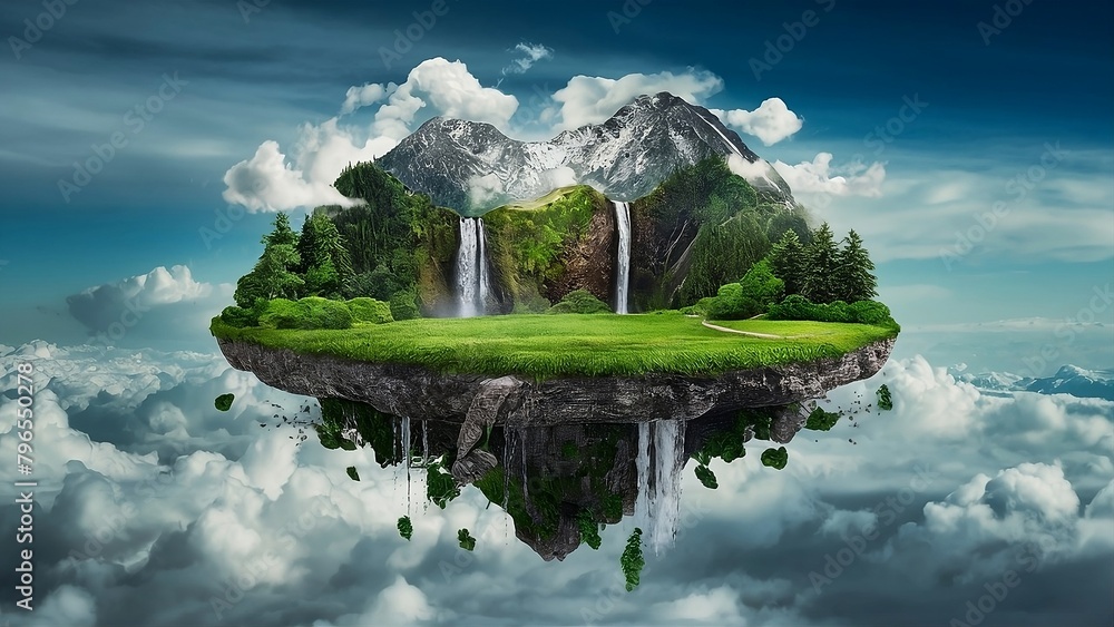 Flying land with beautiful landscape, green grass and waterfalls ...