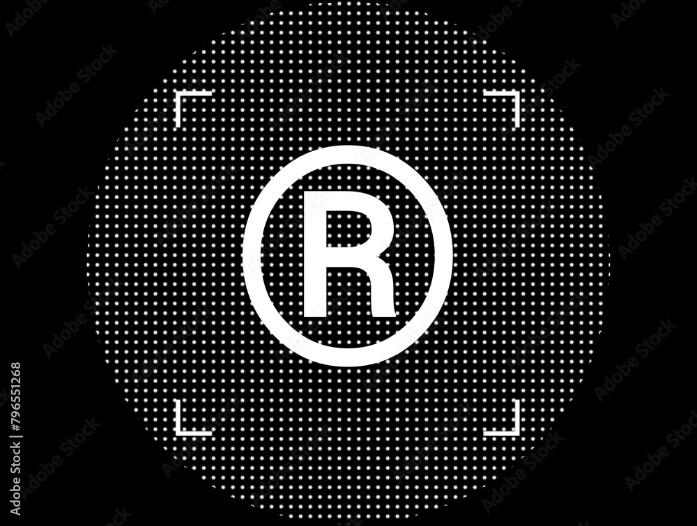 Letter R in the center of a circle in a grid on a black background ...