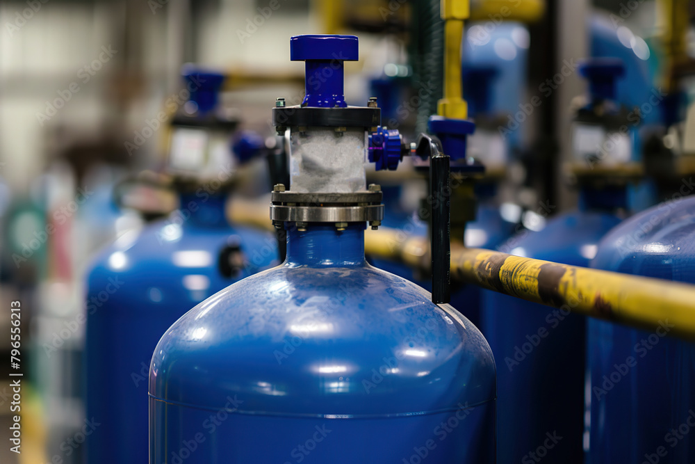 Blue oxygen tanks. Bundle of gas cylinder and high pressure gauges ...
