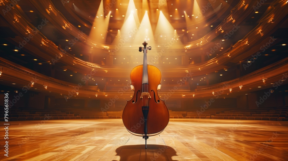 Cello stands center stage in an elegant, empty concert hall ...