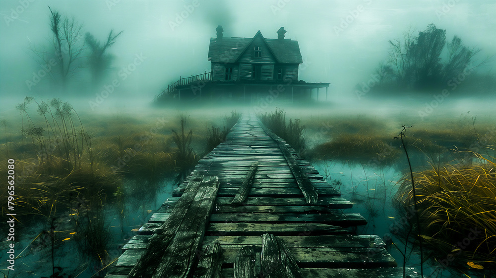 Fantasy horror walkway to haunted house with creepy tree illustration ...