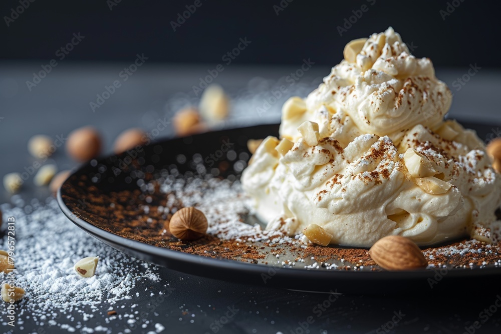 Cream-colored Pavlova meringue lies on a red tray on a wooden old table ...