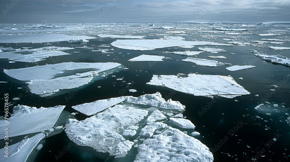 An aerial view of the polar ice caps, starkly highlighting the impact ...