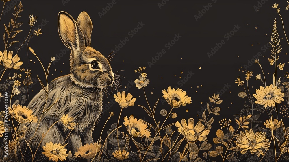 Luxury art wallpaper featuring a rabbit in a field of flowers, depicted ...