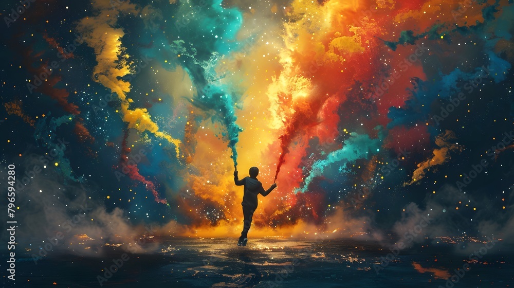 A lone figure raises their hands amidst a spectacular display of ...