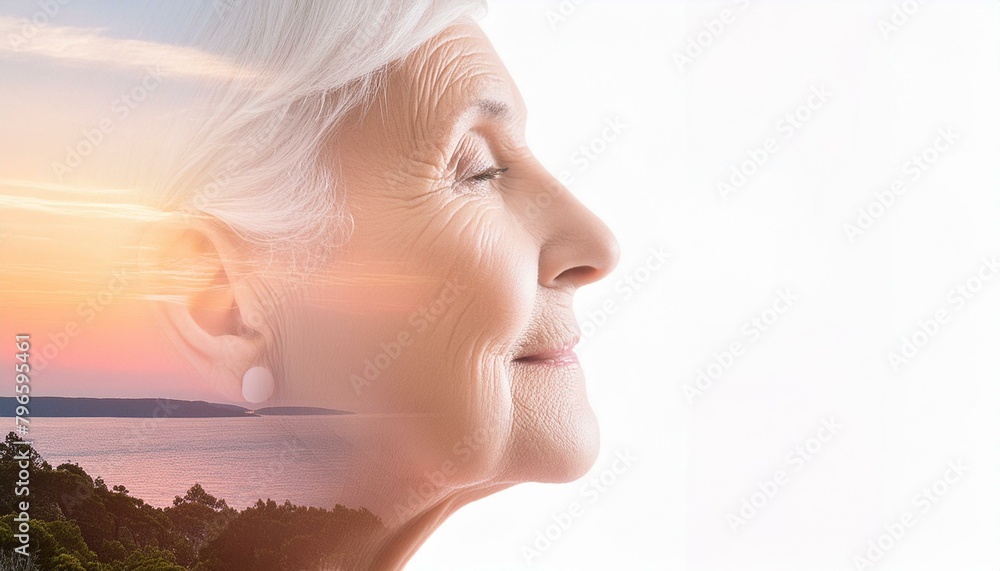 Double exposure of an older mature woman's profile of her face with ...