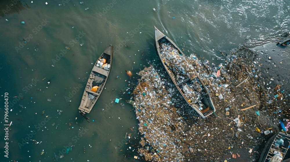 Top view of river garbage collection activities after human impact ...