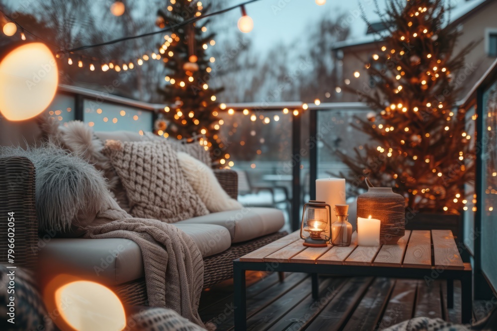 Cozy rooftop terrace with a sofa and coffee table is decorated with ...