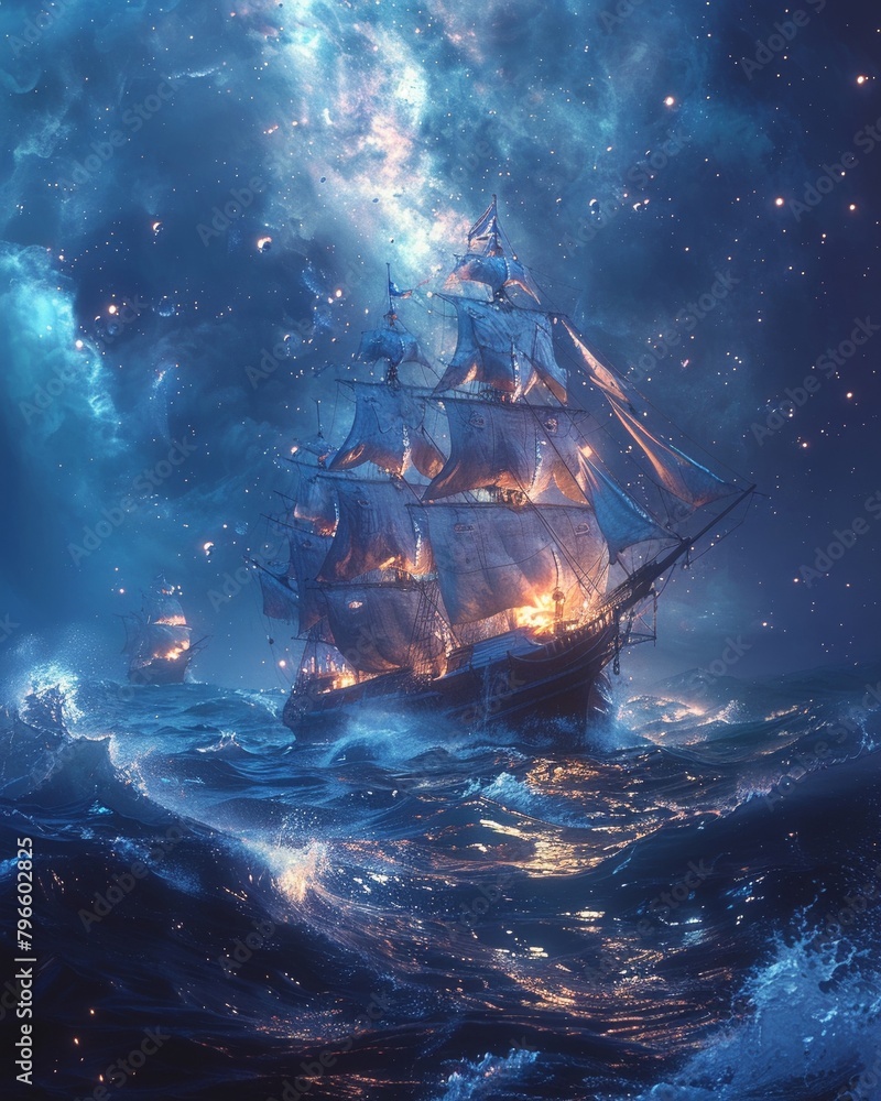 Sunken pirate ships in an ocean of stars, space adventurers treasure ...