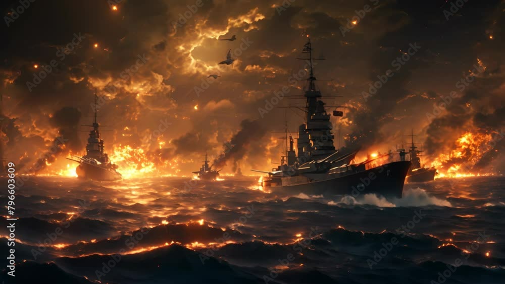 A painting of a battle between two ships with one of them being a ...