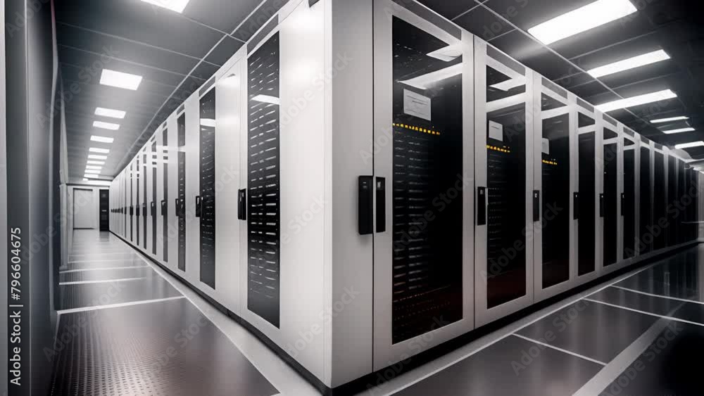 Monochrome perspective of data center server racks with indicator ...