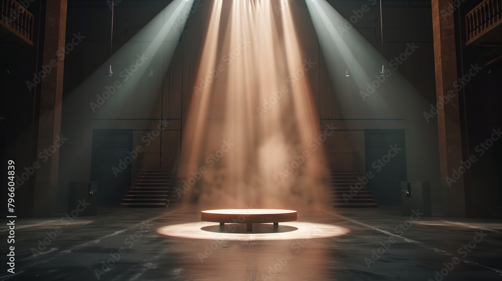 Dramatic sunlight beams through high windows in a grand hall ...