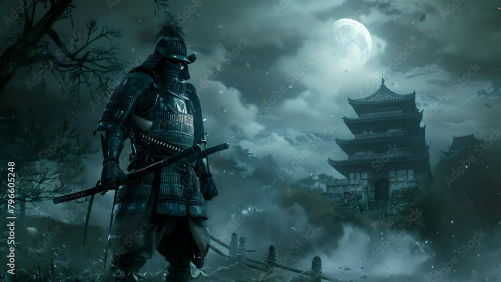 A samurai in a samurai costume is standing in front of a building with ...