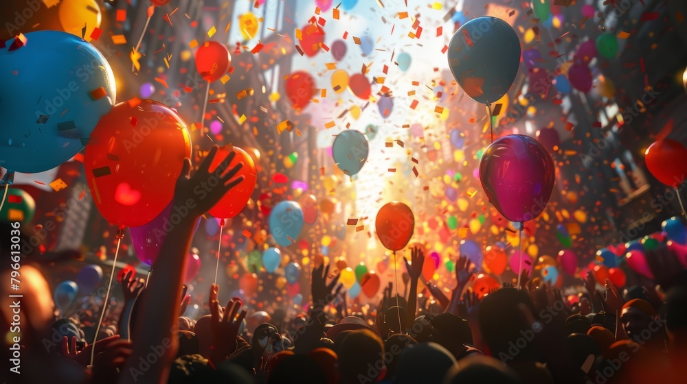 A crowd of people are celebrating with balloons and confetti falling ...