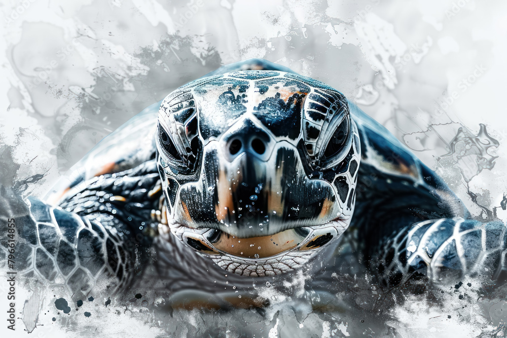captivating hawksbill turtle illustration in grayscale with splashes ...