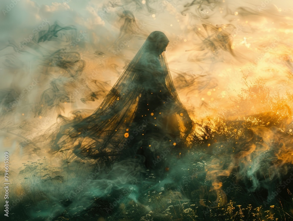 Mystical figure in haunting blaze - A spectral figure shrouded in smoke ...