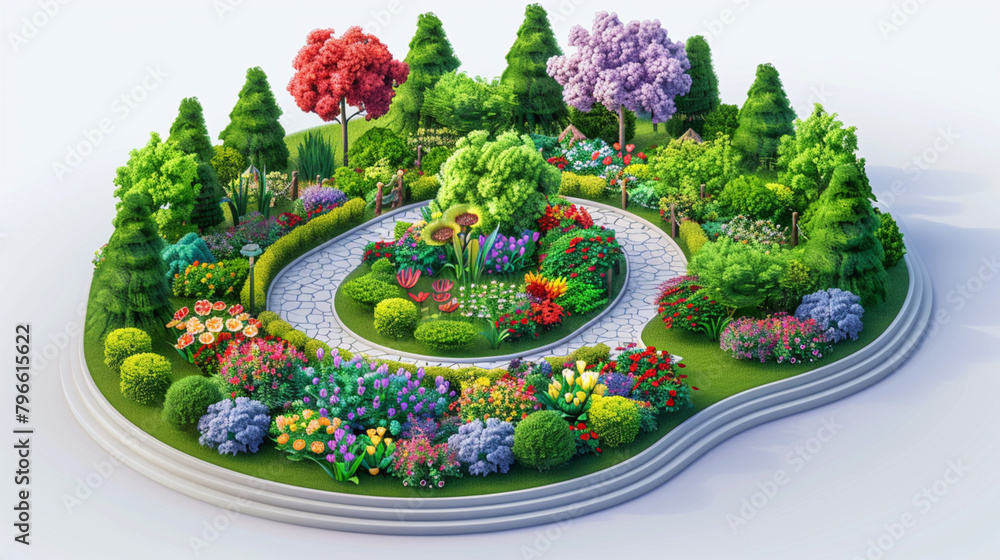 3d model of flower garden, isometric view, stylized , game art ...