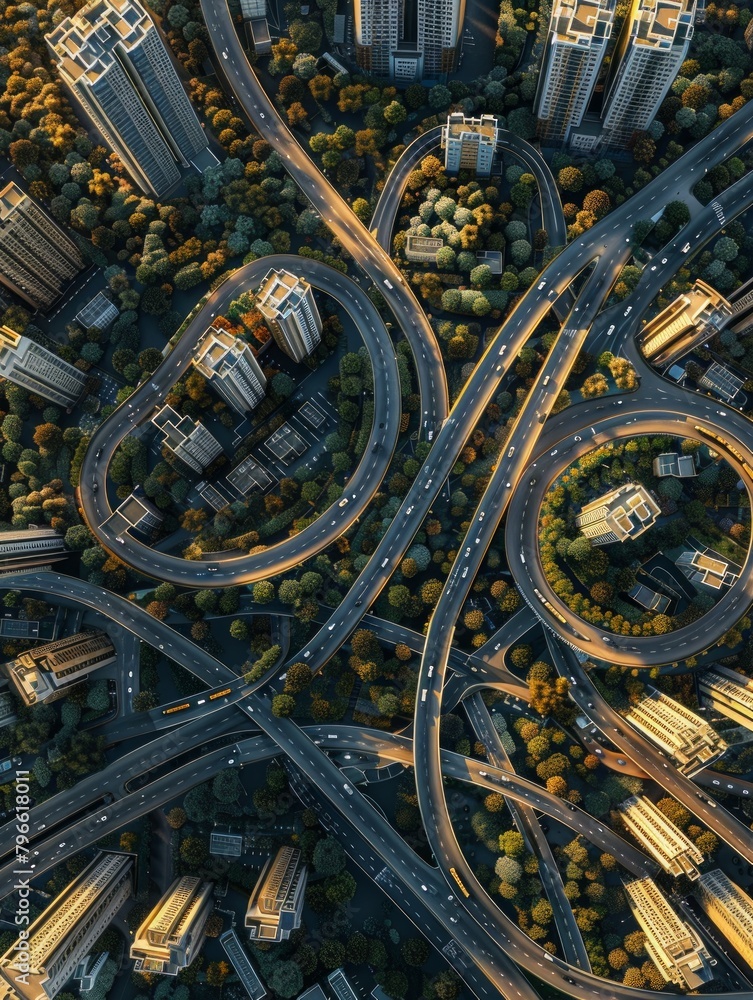 Aerial view of city intersection with four roads meeting in cross ...