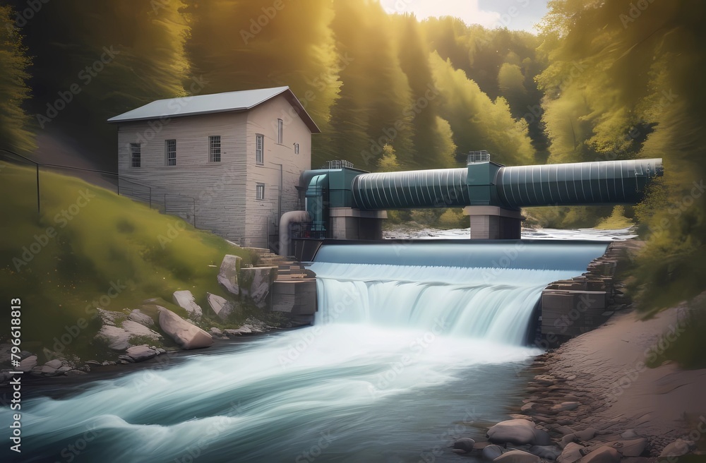 A close-up of a small hydroelectric power plant that operates by the ...