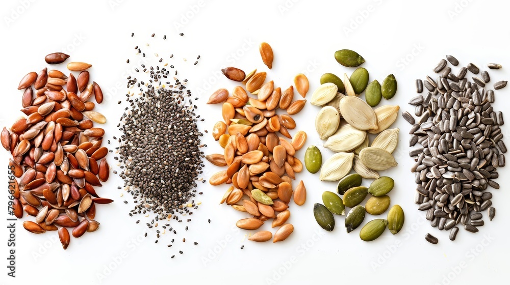Elegant top view arrangement of chia, flaxseeds, pumpkin seeds ...