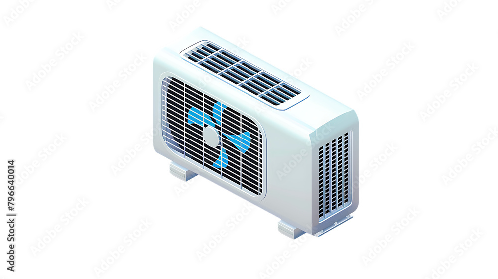 Isometric view of air conditioner icon, white background, blue accents ...