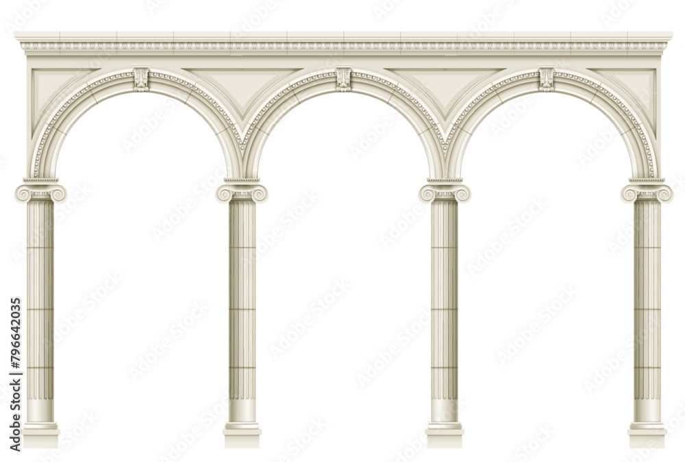 Antique white colonnade with Ionic columns. Three arched entrance or niche. Vector graphics ...